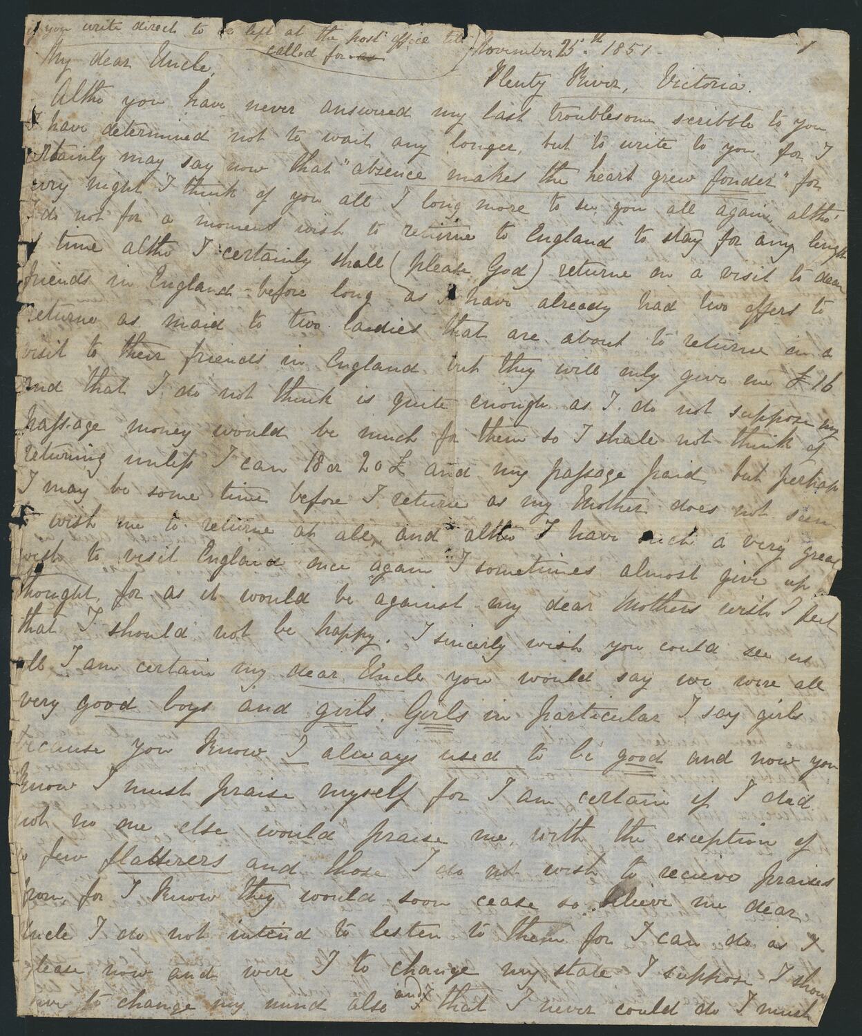Rebecca Greaves Letter, Melbourne, 1851