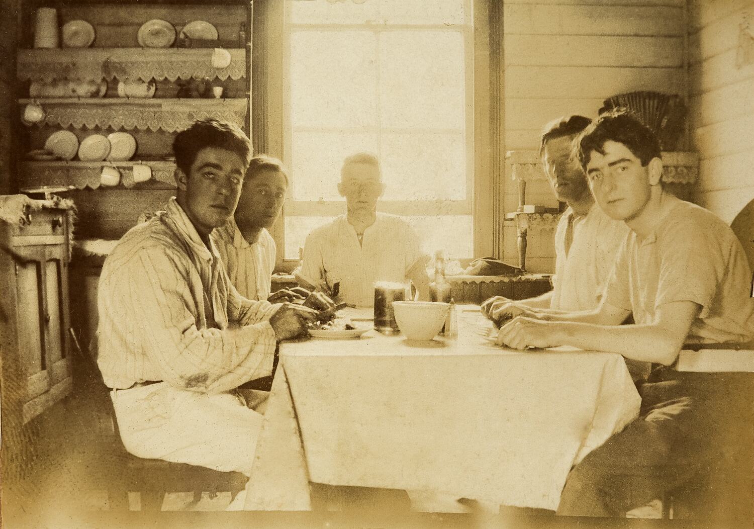 Digital Photograph - Five Men Eating at Kitchen Table, Chelsea, 1918