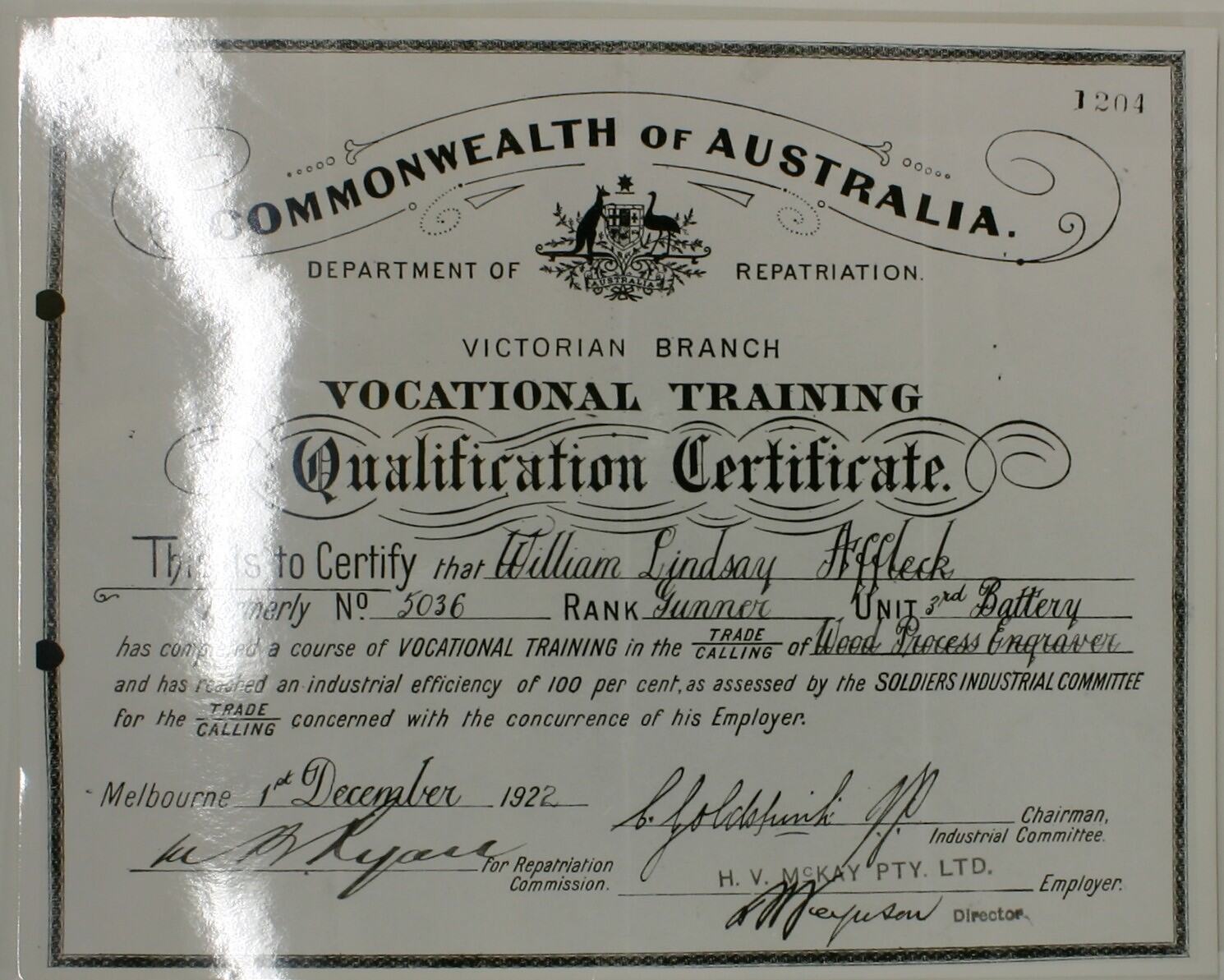 Certificate - H.V McKay Pty Ltd, Vocational Training, 1922