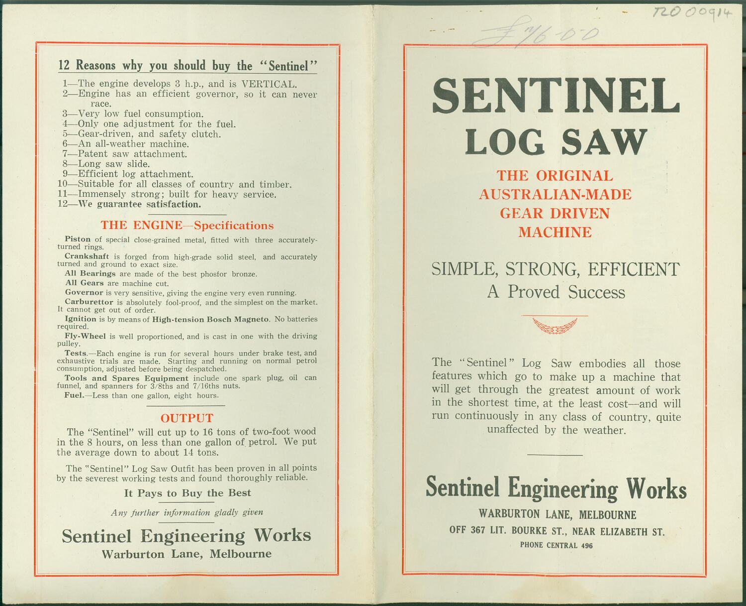 Publicity Leaflet - Sentinel Engineering Works, Engine-Driven Log Saw, Melbourne, Victoria ...