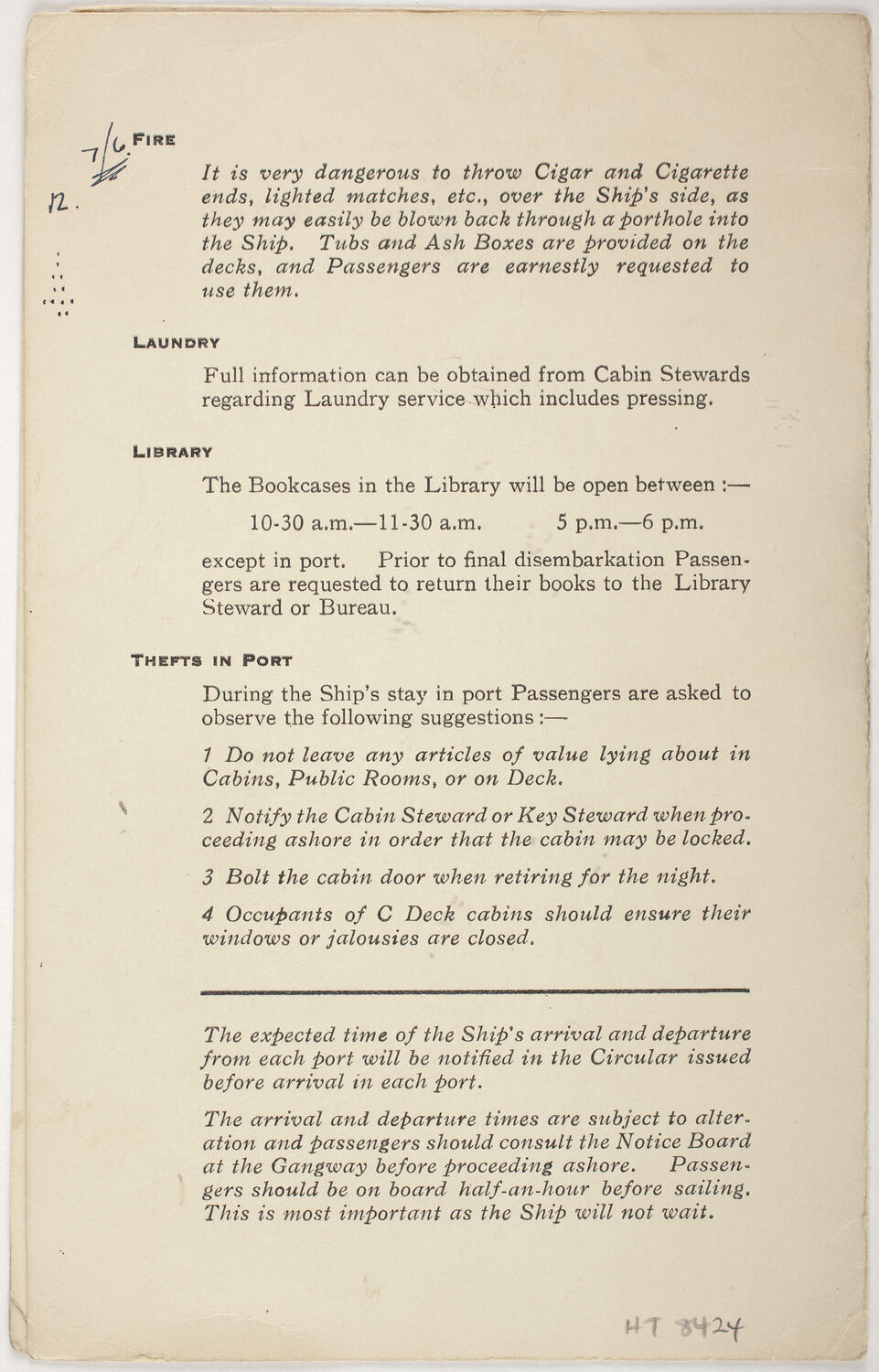 Leaflet - P&O Lines, SS Strathmore, 'Information for the Guidance of ...