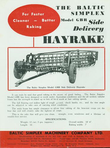 Descriptive Leaflet - Baltic Simplex, Model GBR Side Delivery Hayrake, 1959