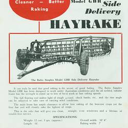 Descriptive Leaflet - Baltic Simplex, Model GBR Side Delivery Hayrake, 1959