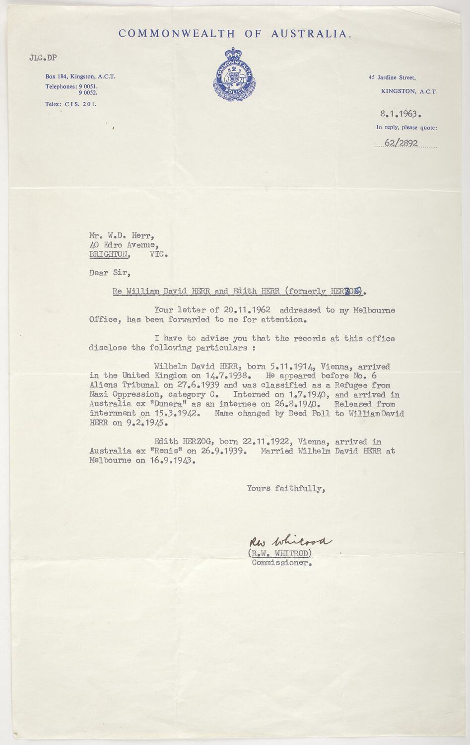 Letter - R.W.Whitford to Mr W.D.Herr, Re: Wilhelm David Herr & Edith ...