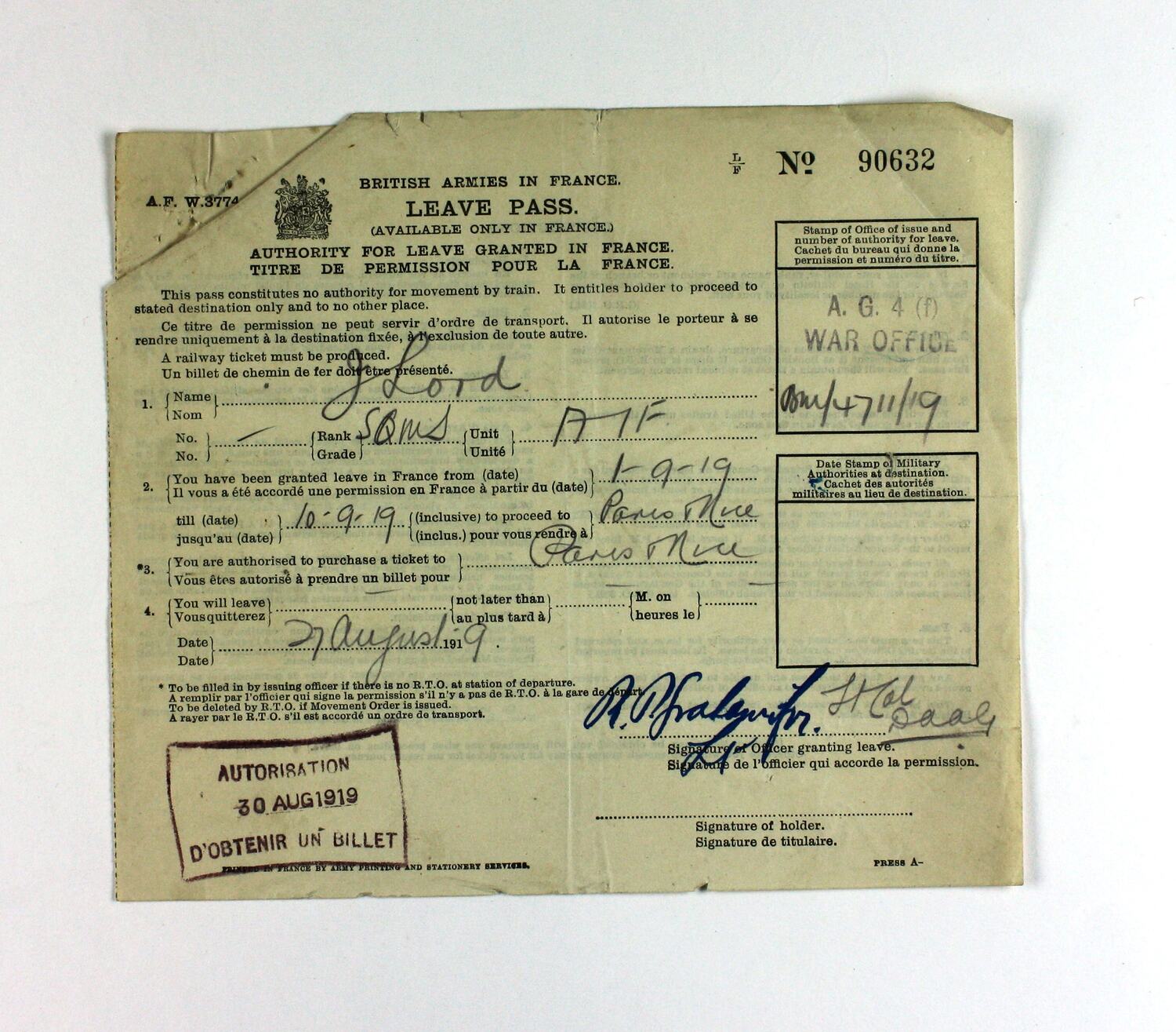 Leave Pass - Sergeant John Lord, 26-30 Aug 1919