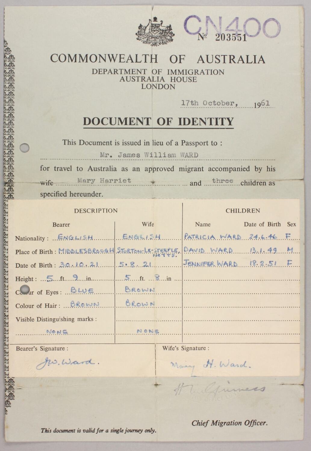 Document of Identity - Mr James William Ward, 17 Oct 1961