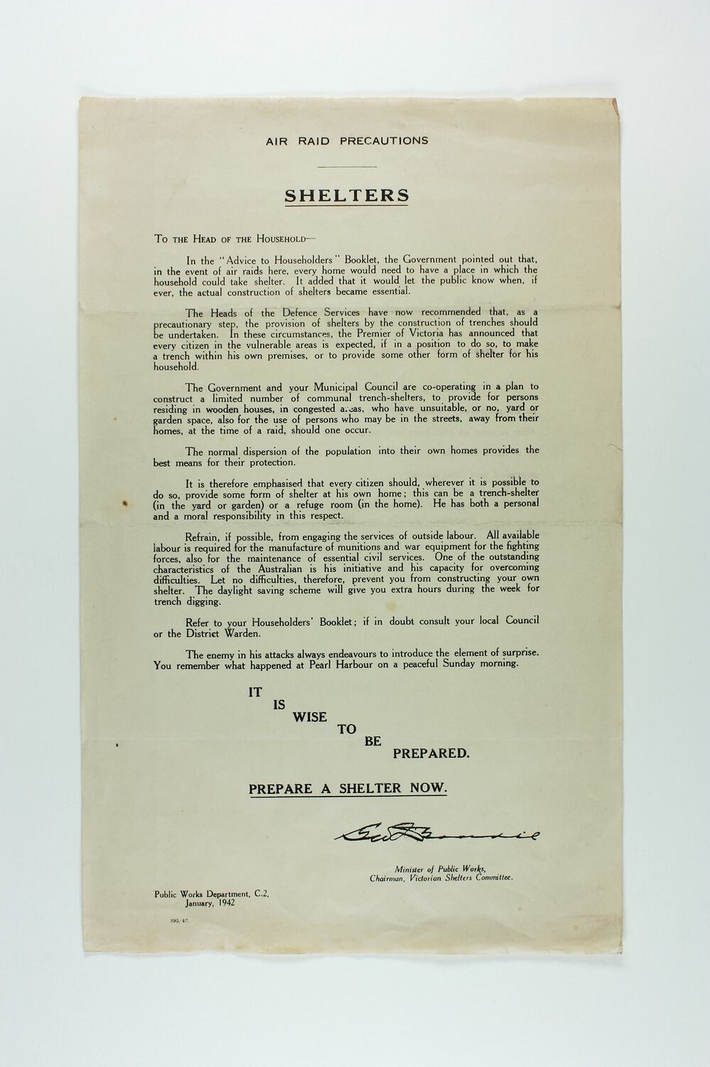 Leaflet - 'Air Raid Precautions: Shelters', World War II, Jan 1942