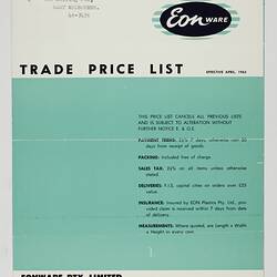Price List - Eonware Pty Ltd, Plastic Mouldings, 1965