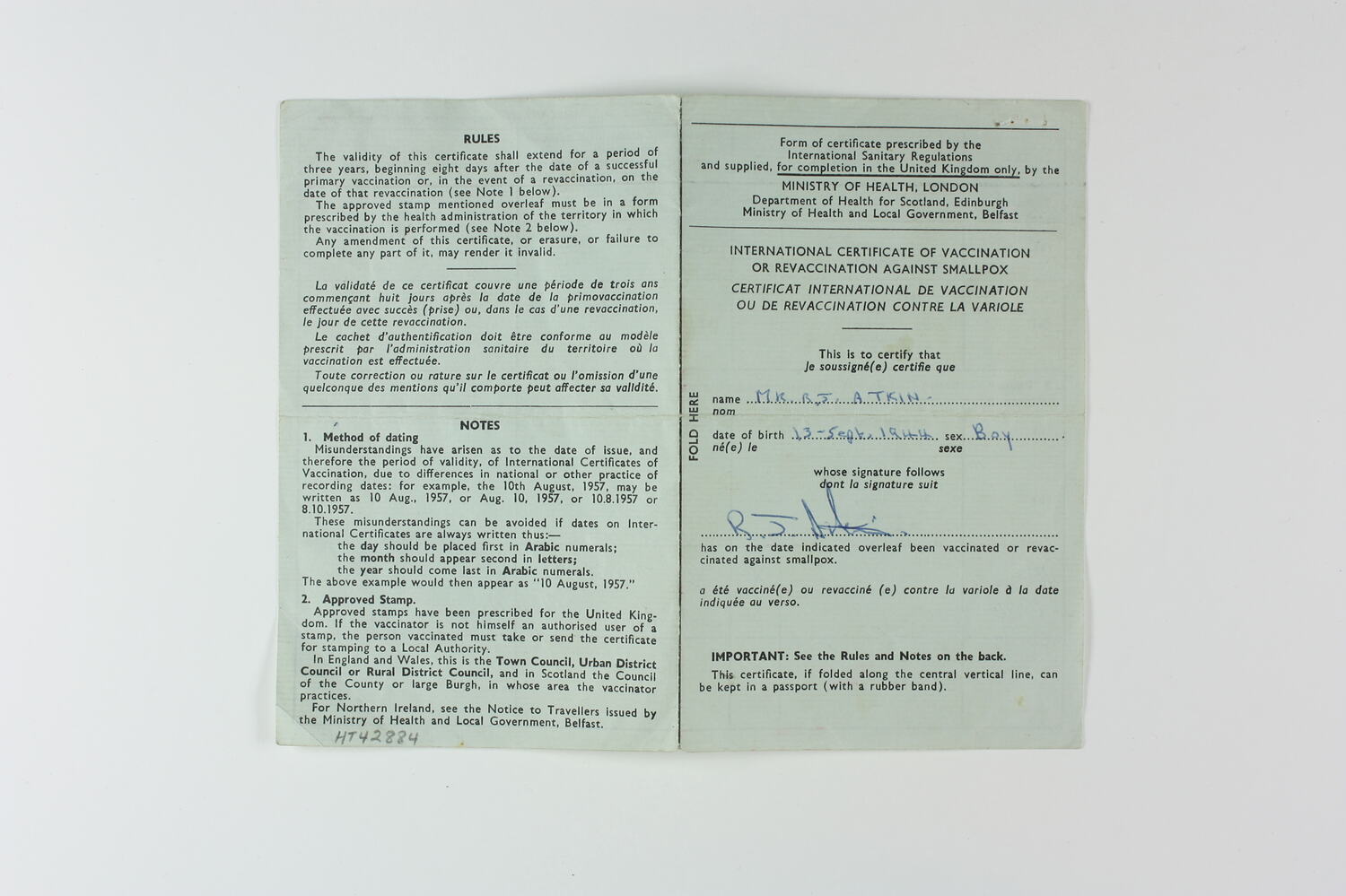 Vaccination Certificate - Smallpox, R.J. Atkin, Ministry of Health ...