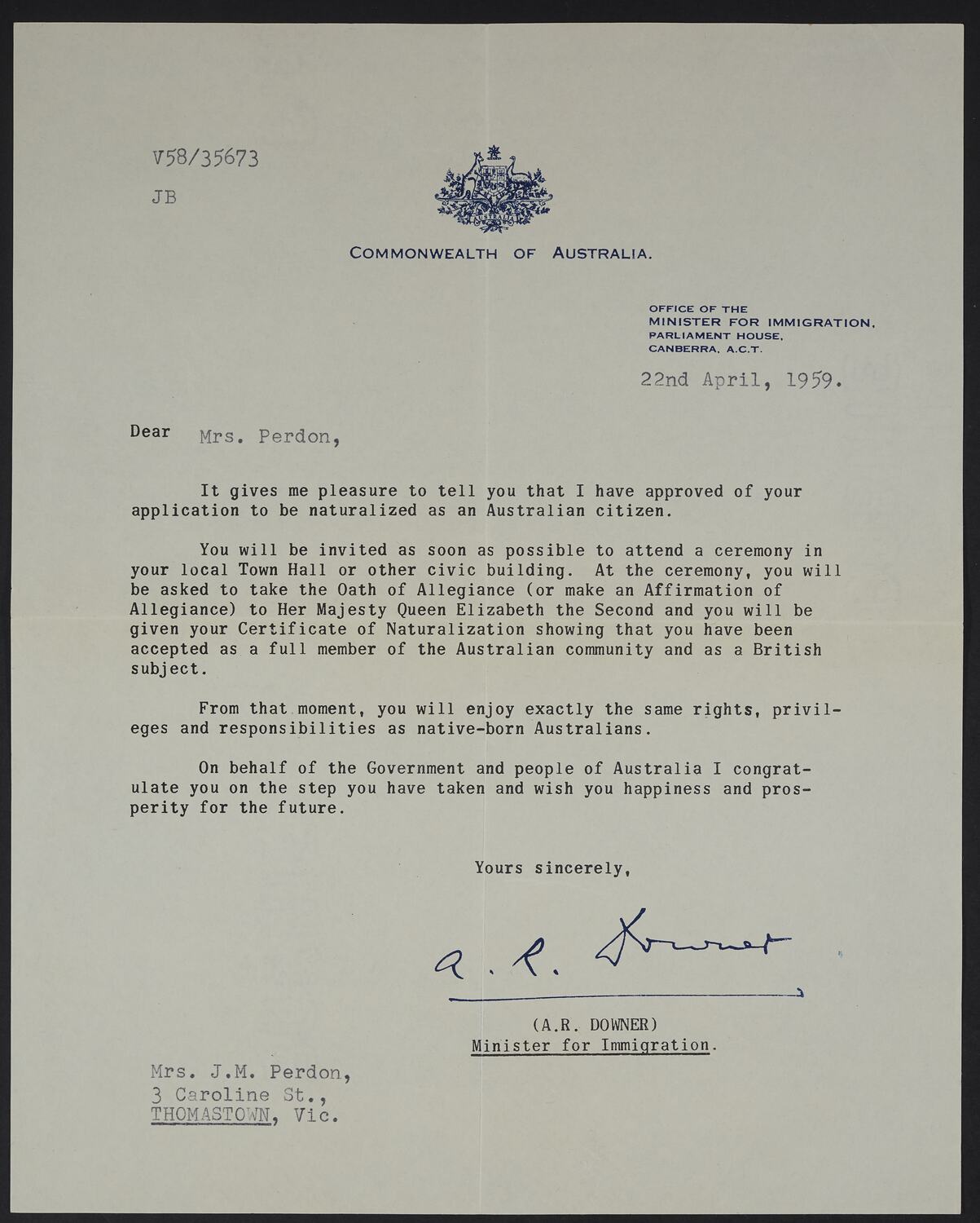Letter - Naturalization Approval, Minister For Immigration To Johanna ...