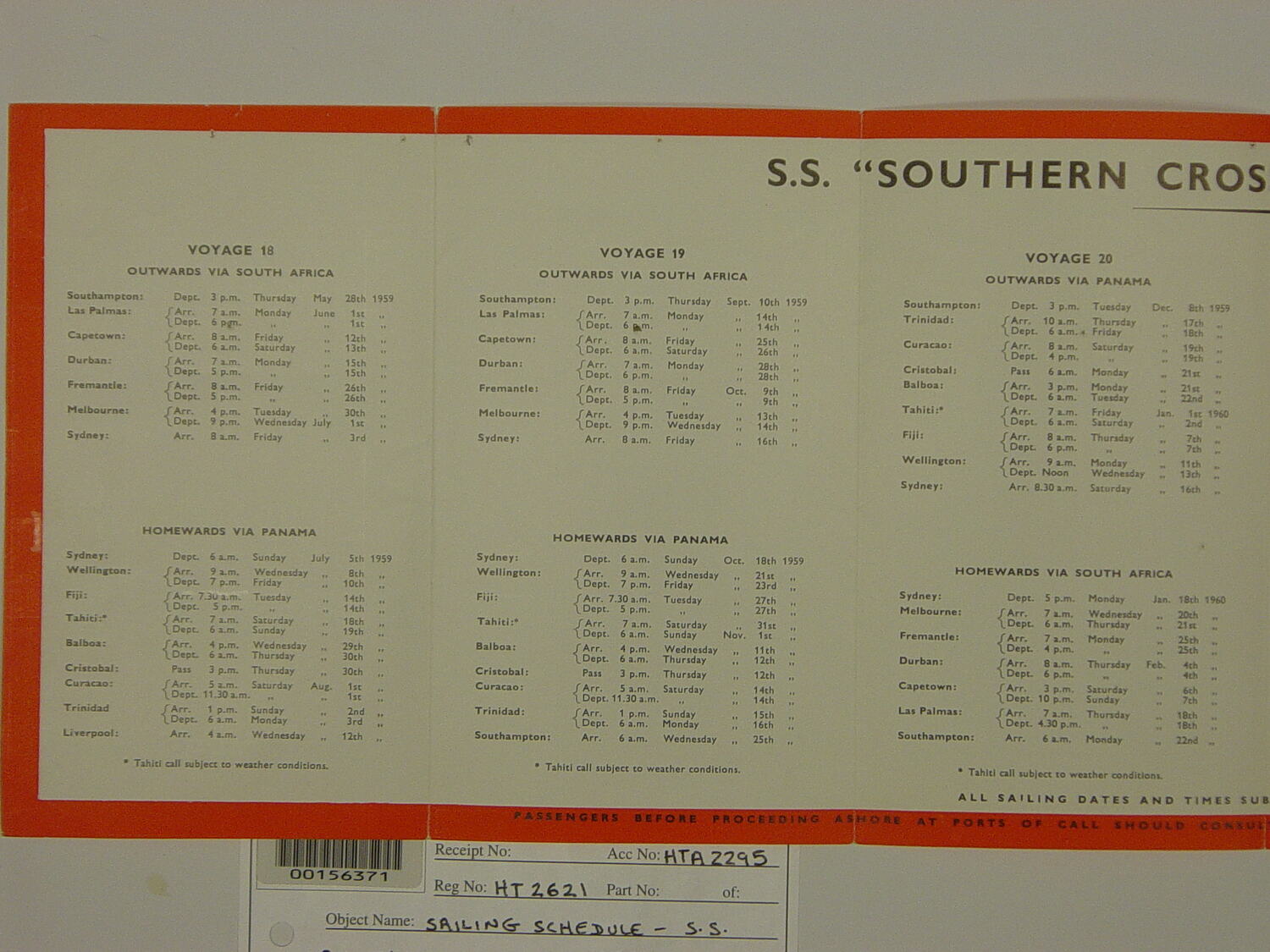 Sailing Schedule - SS Southern Cross, Shaw Savill Line, May 1959
