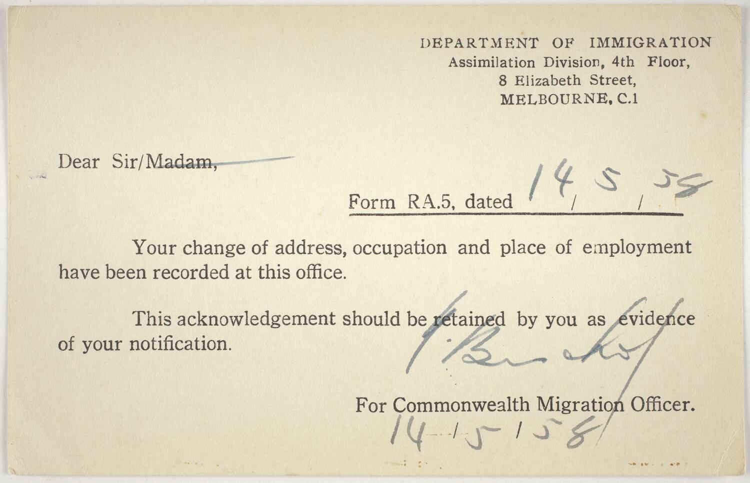 Card - Change of Address, Department of Immigration, 14 May 1958