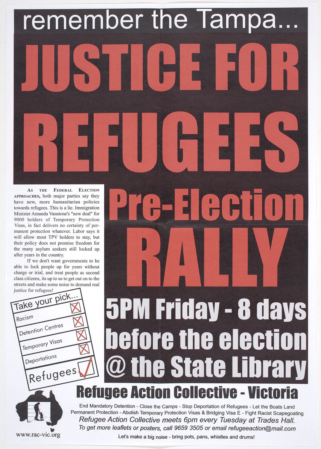 Poster - Justice for Refugees Pre-Election Rally, Refugee Action ...