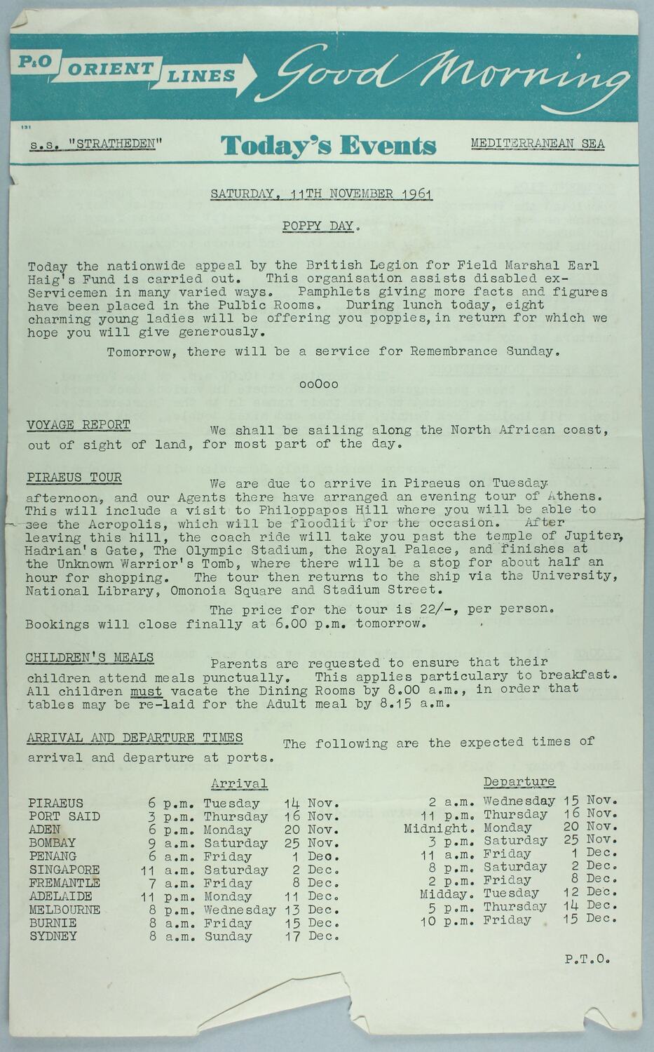 Information Sheet - P&O SS Stratheden, 'Today's Events', Mediterranean ...
