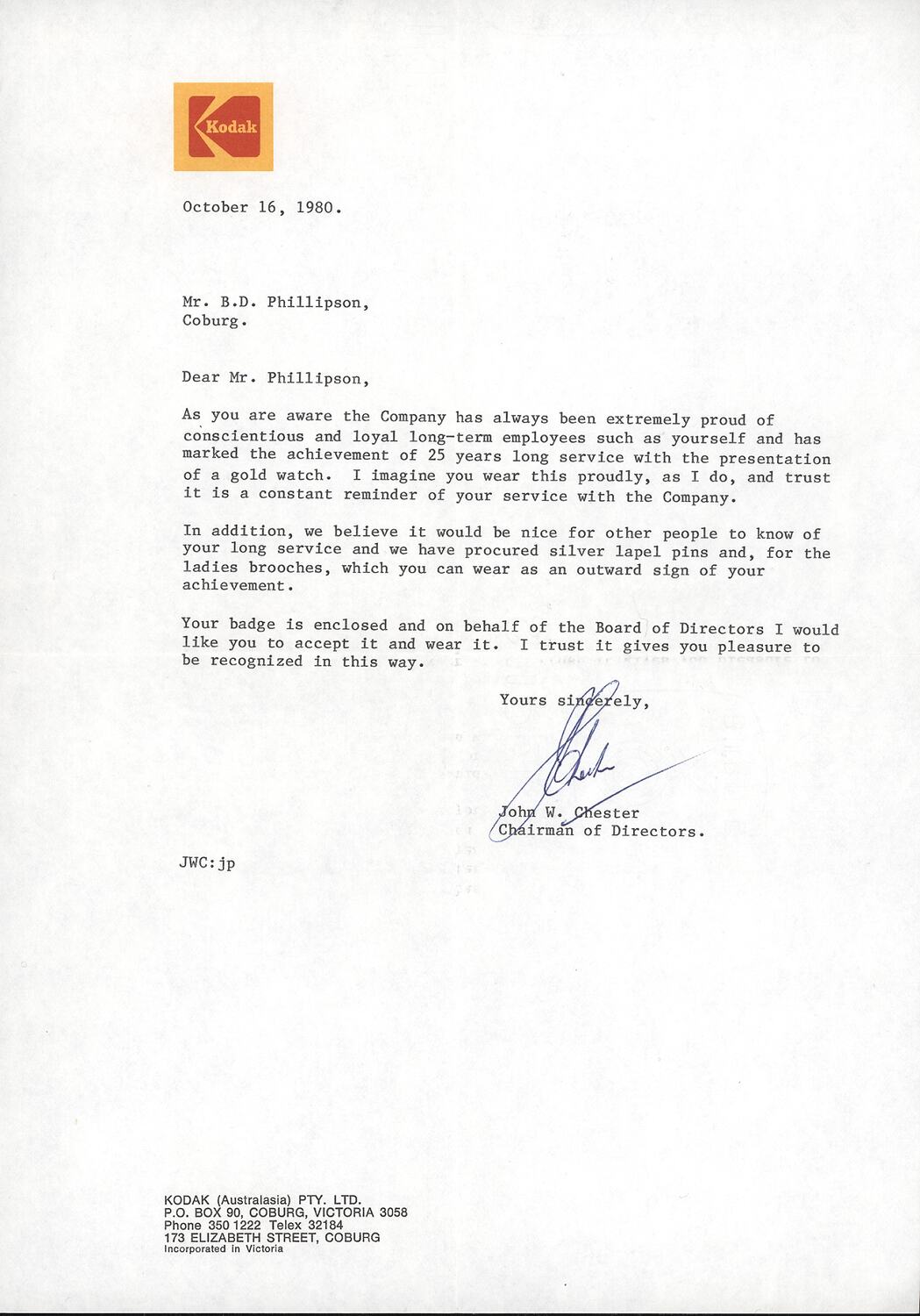 Letter - Kodak Australasia Pty Ltd, John Chester to Brian Phillipson ...