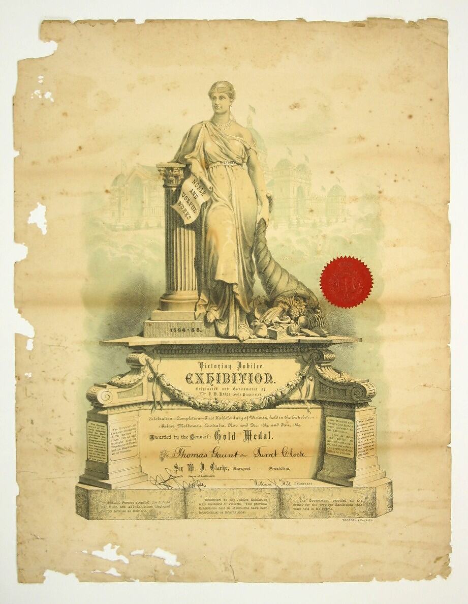 Certificate - Victorian Jubilee Exhibition, Awarded to Thomas Gaunt ...