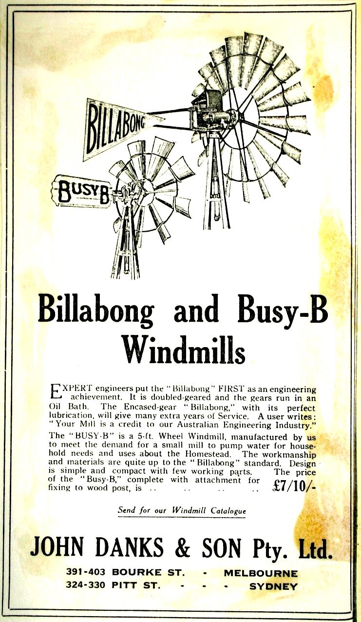 Advertisement - John Danks & Son, 'Billabong & Busy-B Windmills', 1930