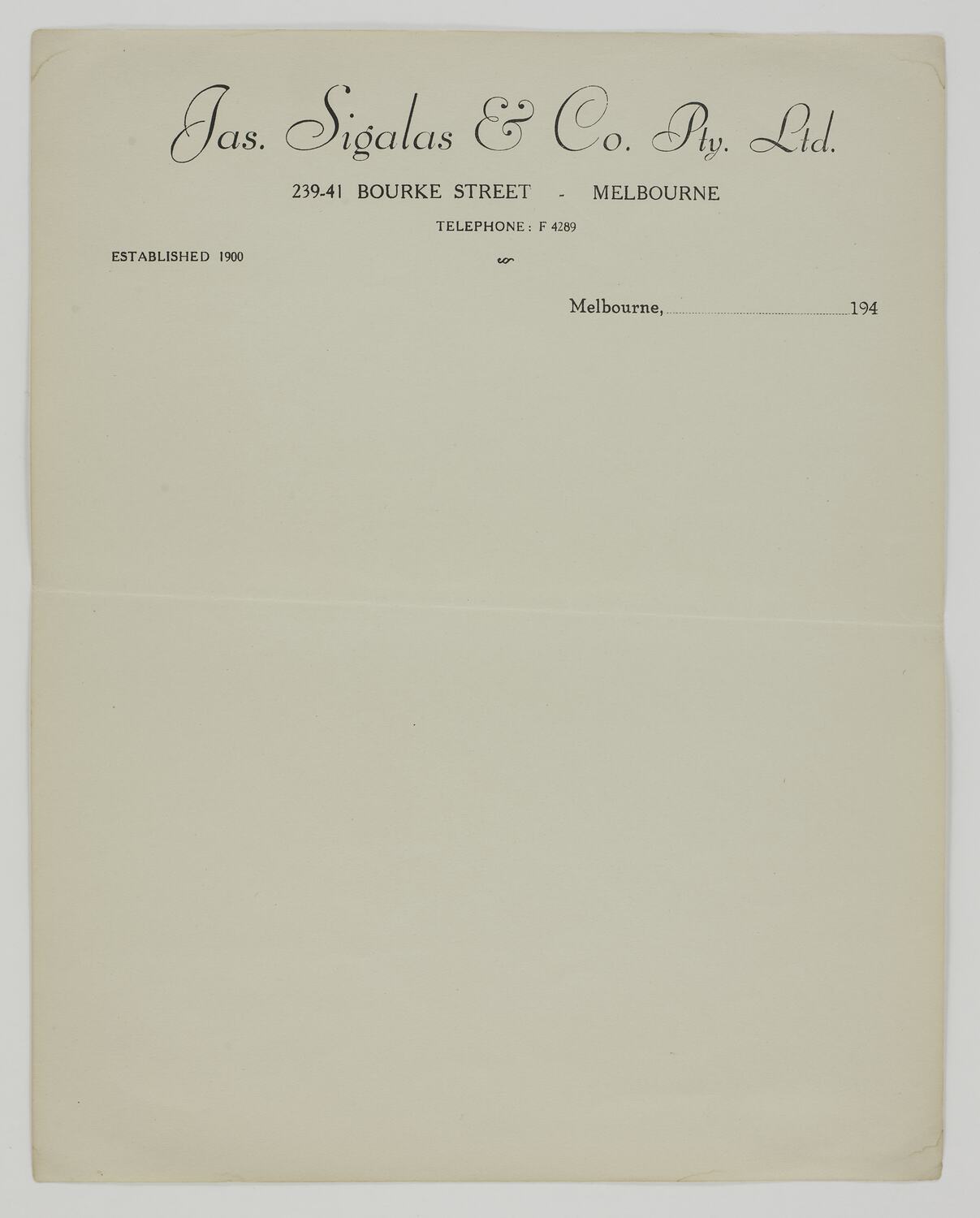 Letterhead - Jas. Sigalas & Co. Pty Ltd, Melbourne, 1940s