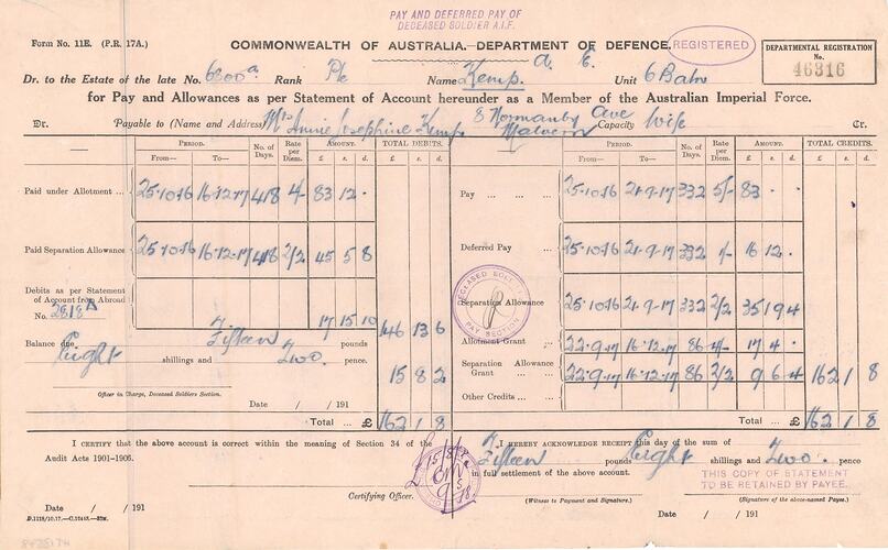 Receipt Department Of Defence Pay Deferred Pay Of Deceased Soldier Receipt Department Of Defence Pay Deferred Pay Of Deceased Soldier
