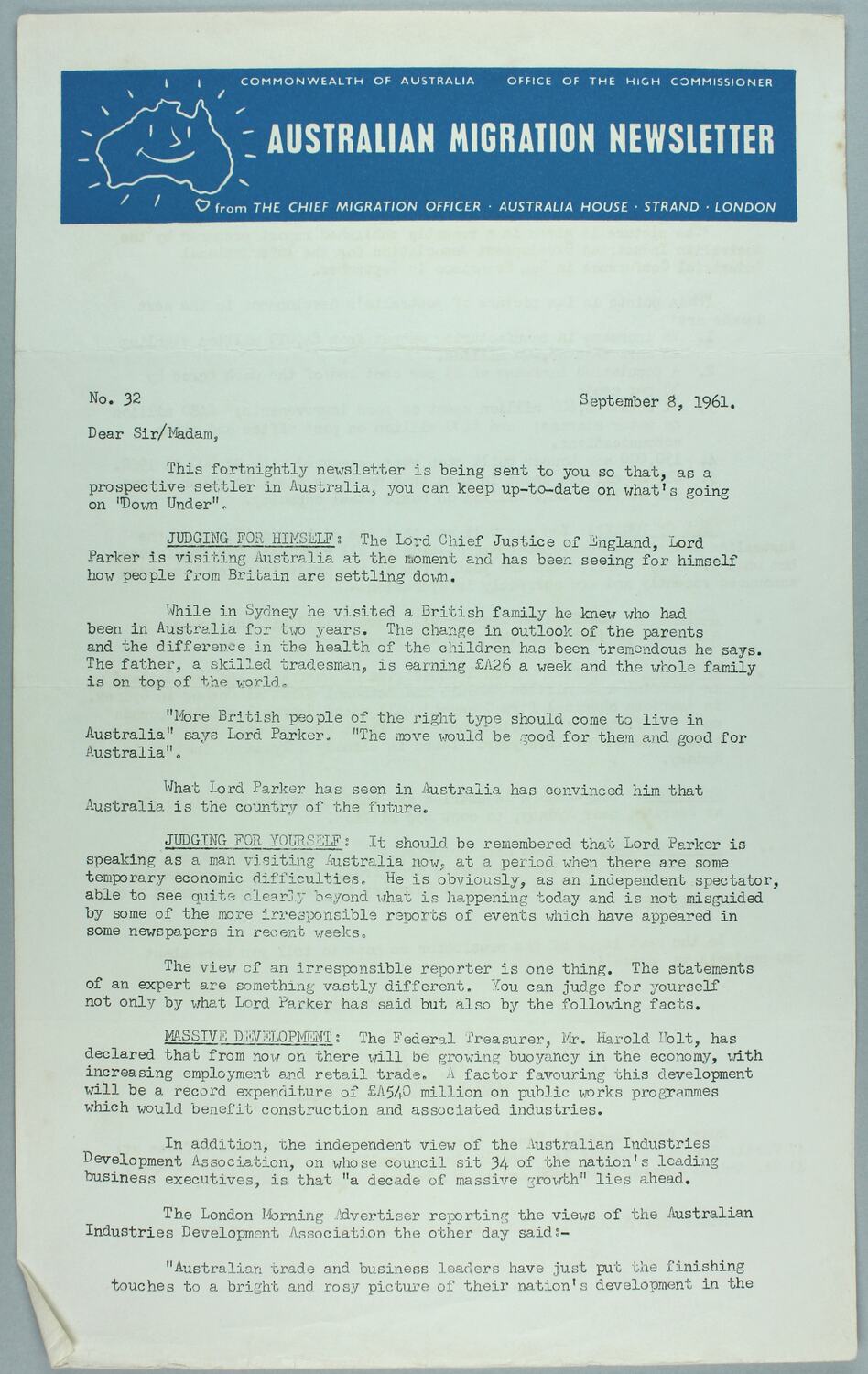 Newsletter - 'Australian Migration Newsletter', 8 Sep 1961