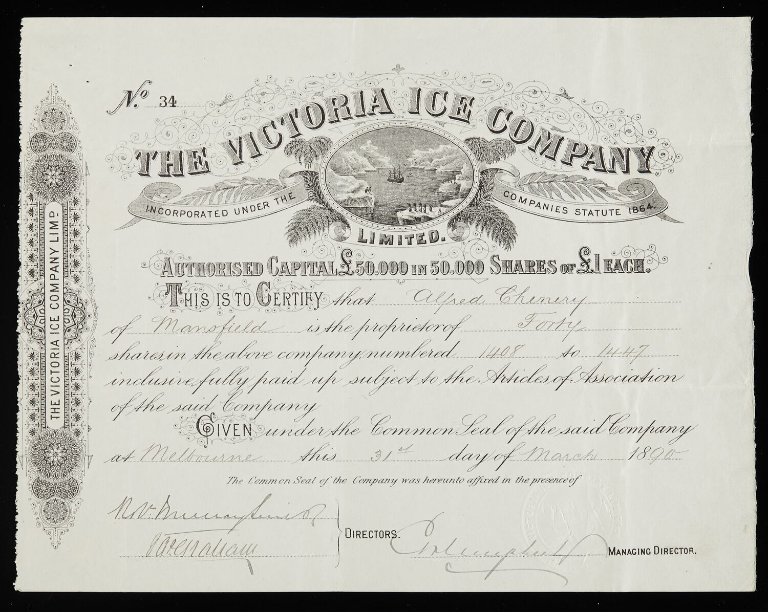 Scrip - Victoria Ice Co, Issued Australia, 1890