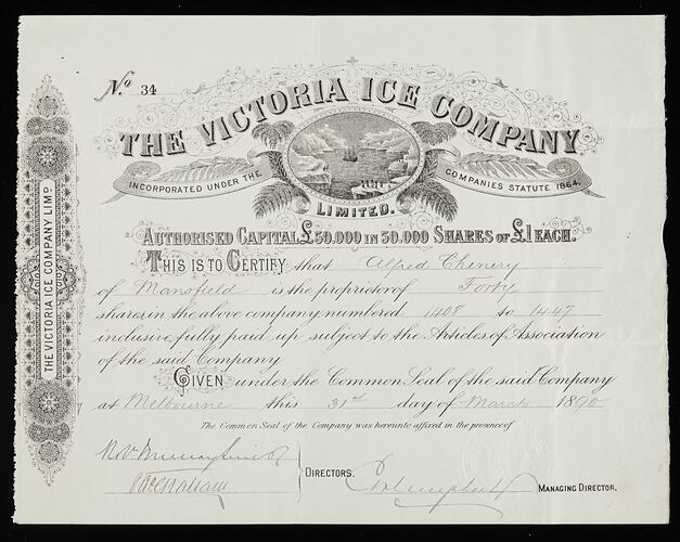 Scrip - Victoria Ice Co, Issued Australia, 1890