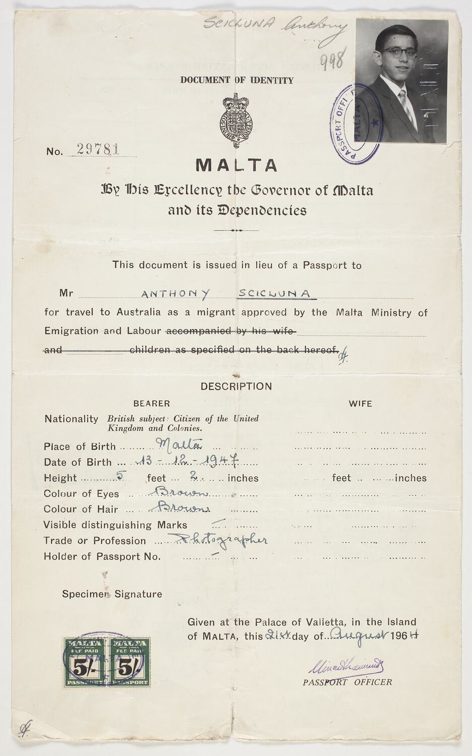 Document of Identity - Issued to Anthony Scicluna, by Governor of Malta ...