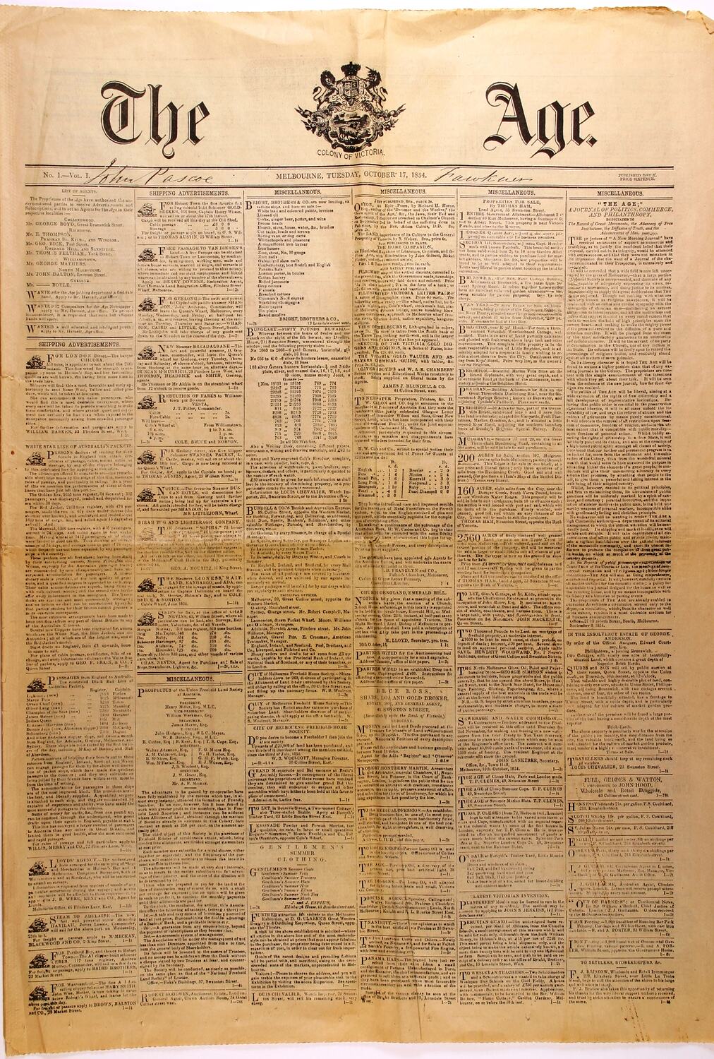 Facsimile Newspaper - 1854 Melbourne Exhibition, The Age, Melbourne, 17 ...