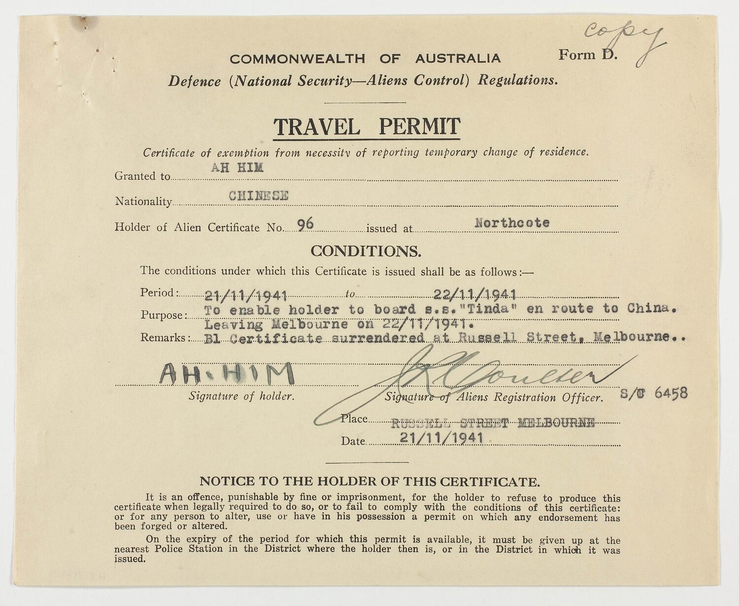 Travel Permit - Commonwealth of Australia, Issued to Mr Ah Him, 21 Nov 1941