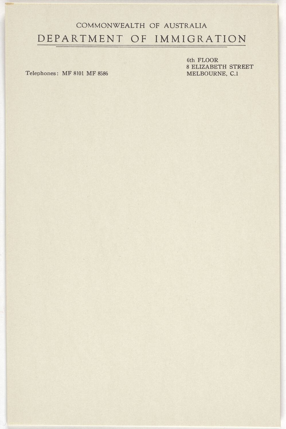 Notepaper - Department of Immigration, 1950s