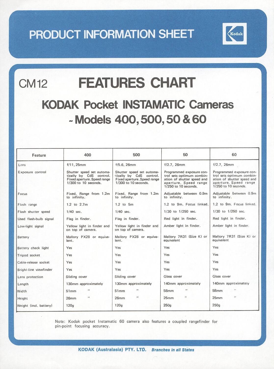 Product Information Sheet - Kodak Australasia Pty Ltd, Cameras, Coburg ...