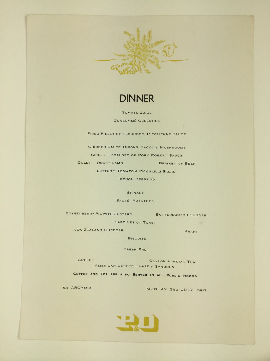 Menu - Dinner, SS Arcadia, 3 Jul 1967