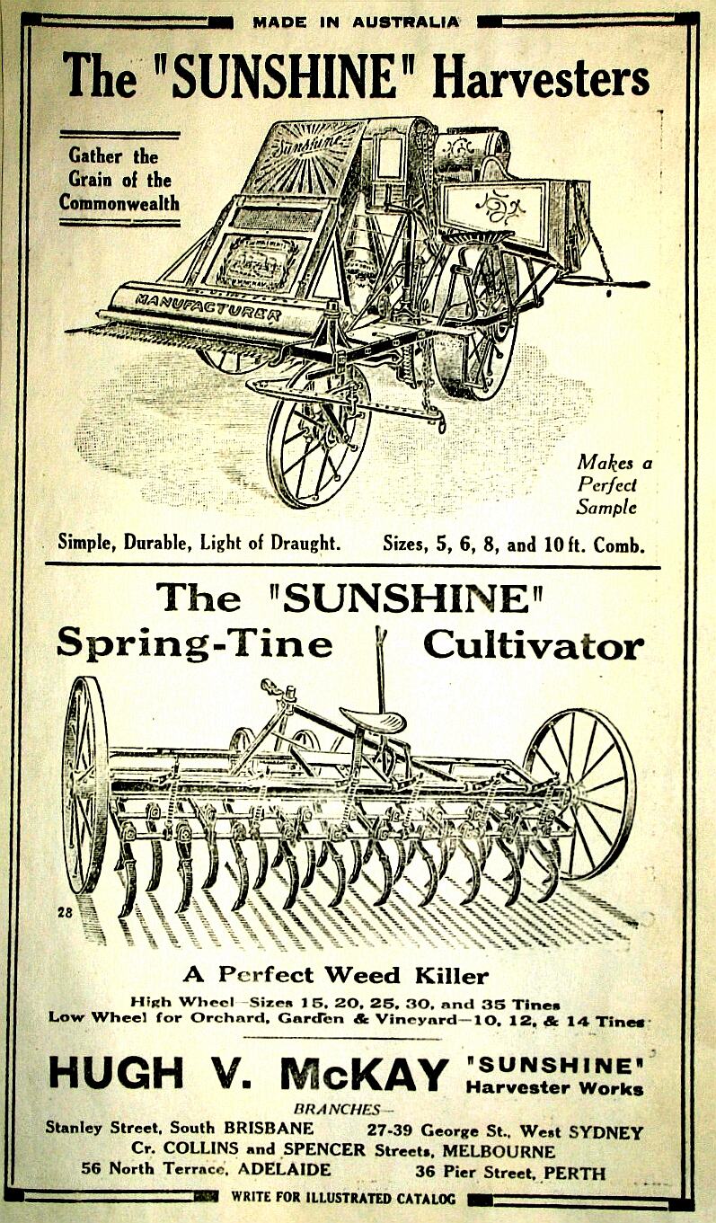 Advertisement - Hugh V. McKay, The 'Sunshine' Harvester Makes a Perfect ...