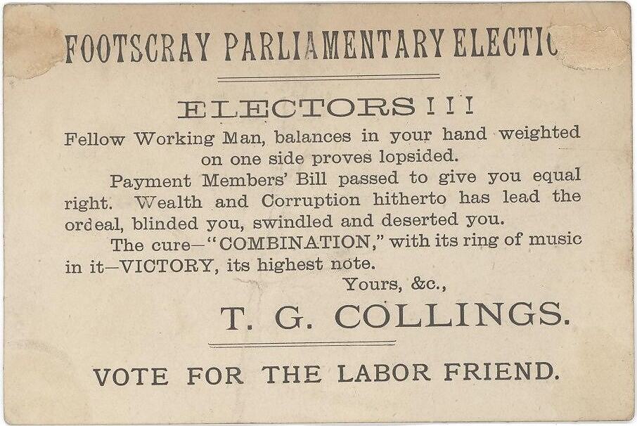 How to Vote Card - T.G. Collings, Footscray, 1889
