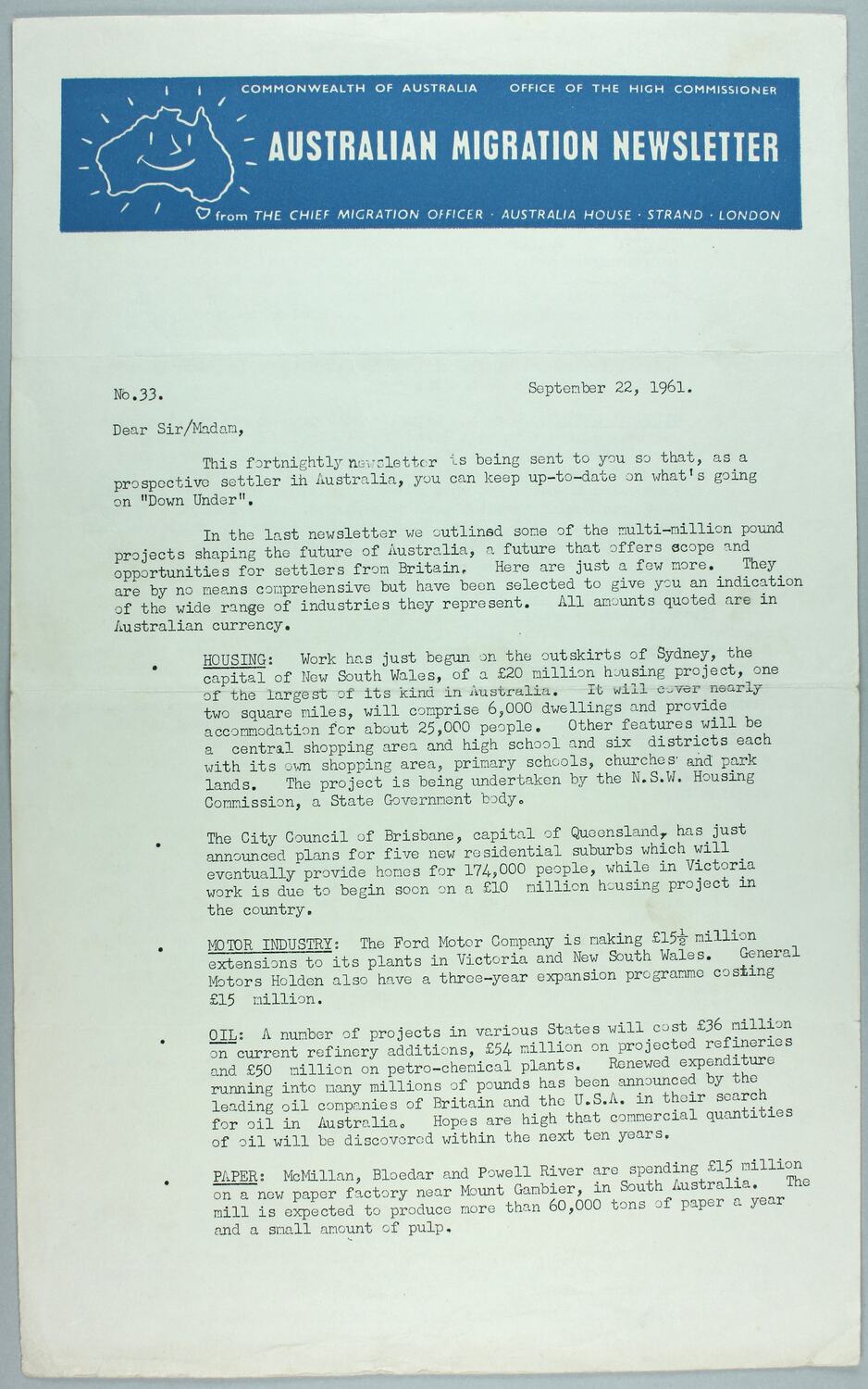 Newsletter - 'Australian Migration Newsletter', 22 Sep 1961