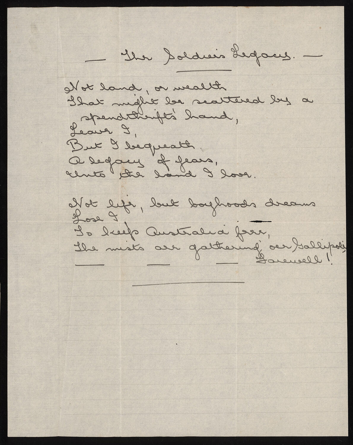 Poem - 'The Soldier's Legacy', World War I, 1915-1918