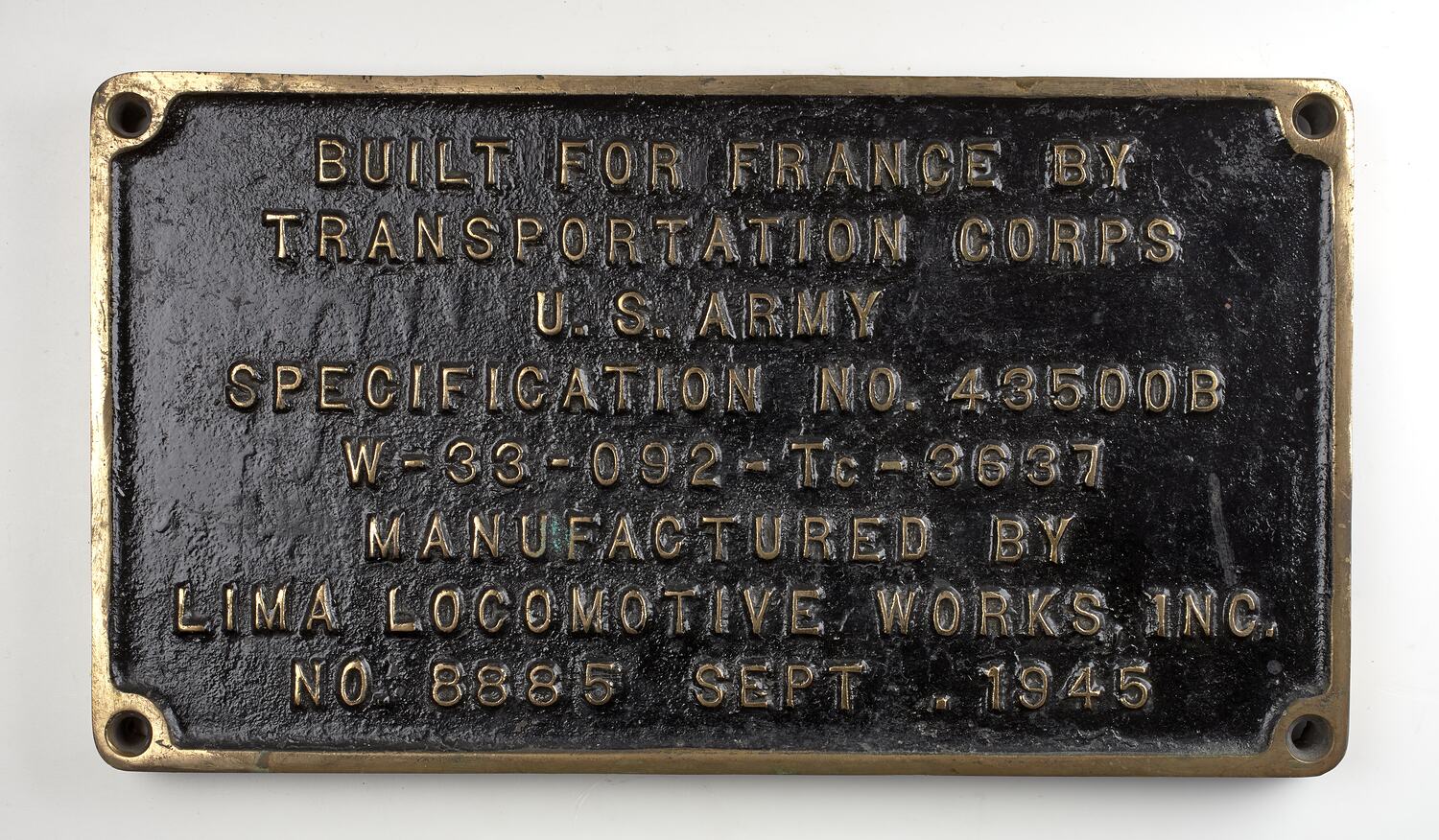 Locomotive Builders Plate - Lima Locomotive Works, Inc, Lima, Ohio, 1945