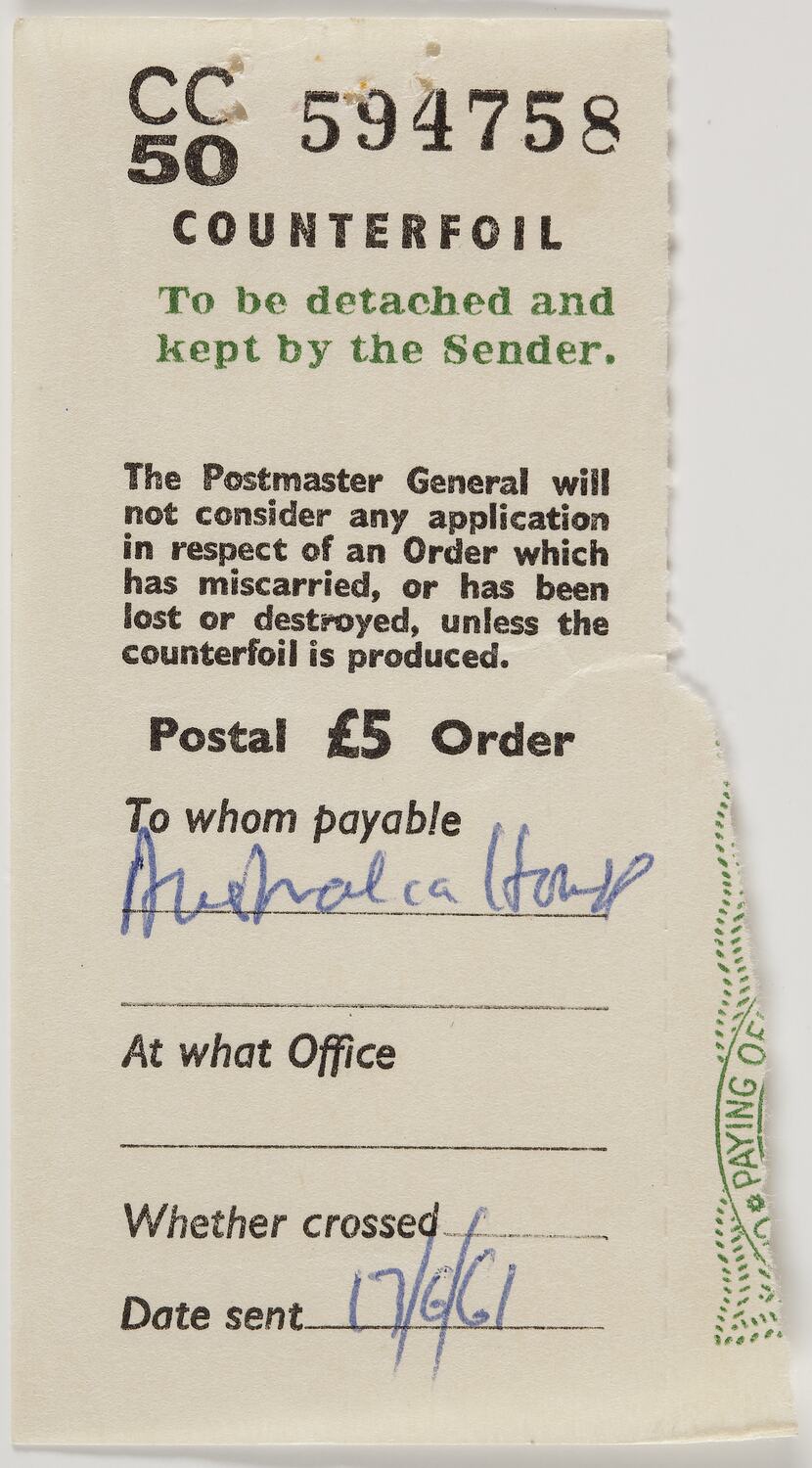 Counterfoil - Postal Order, Pay Australia House £5, 17 Jun 1961