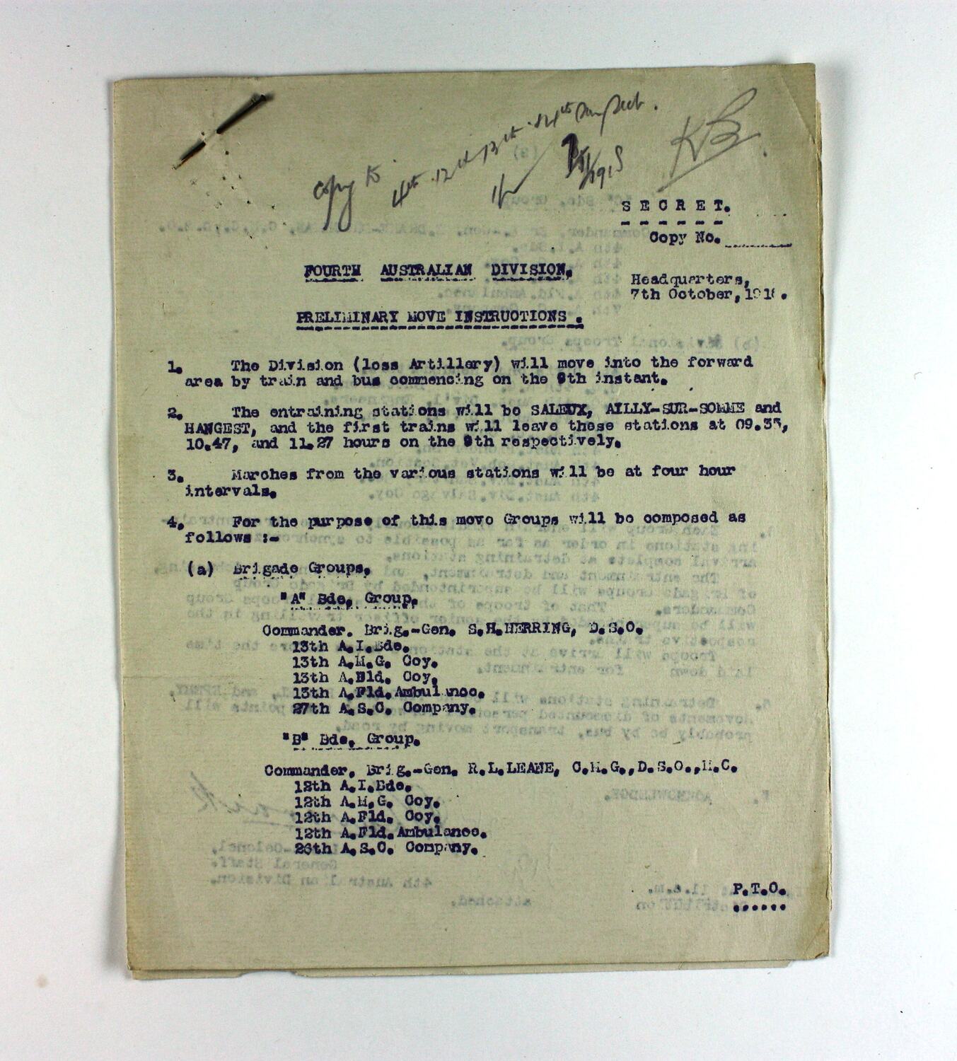 Document - 'Preliminary Move Instructions', Fourth Australian Division ...