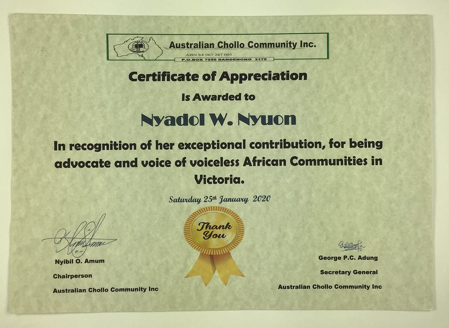 Certificate - Nyadol Nyuon, Australian Chollo Community, 25 Jan 2012