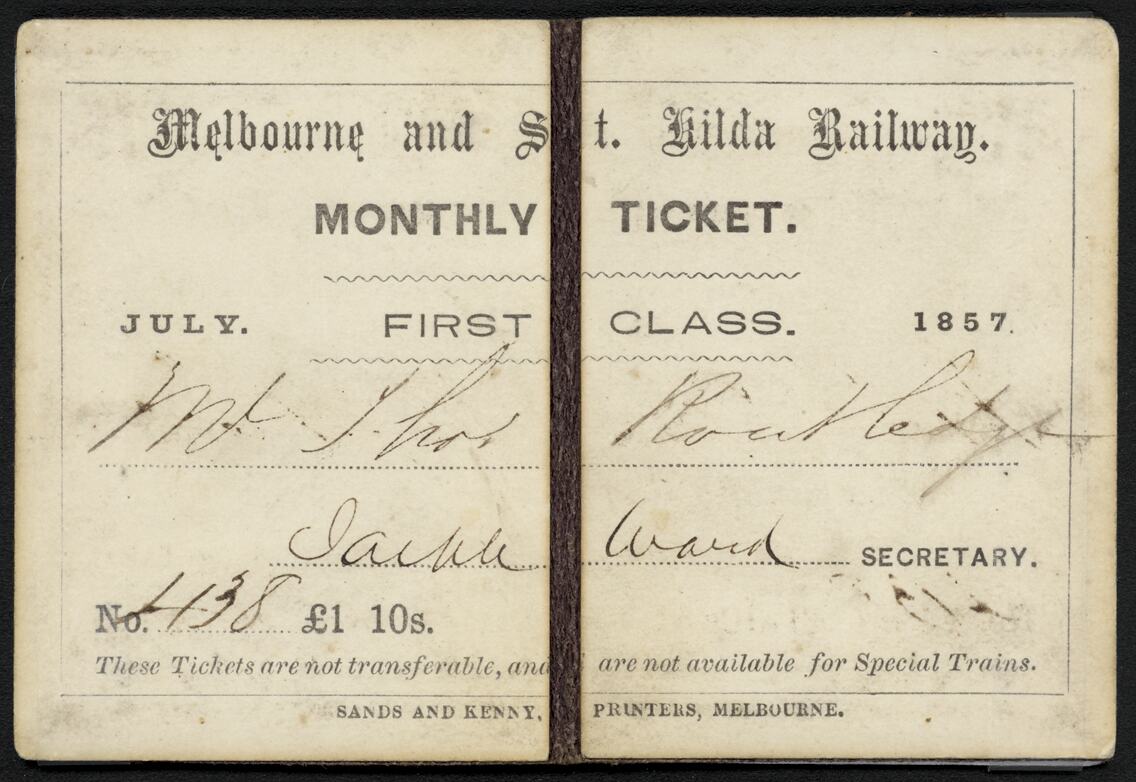 Monthly Train Ticket - Melbourne & St Kilda Railway, July 1857