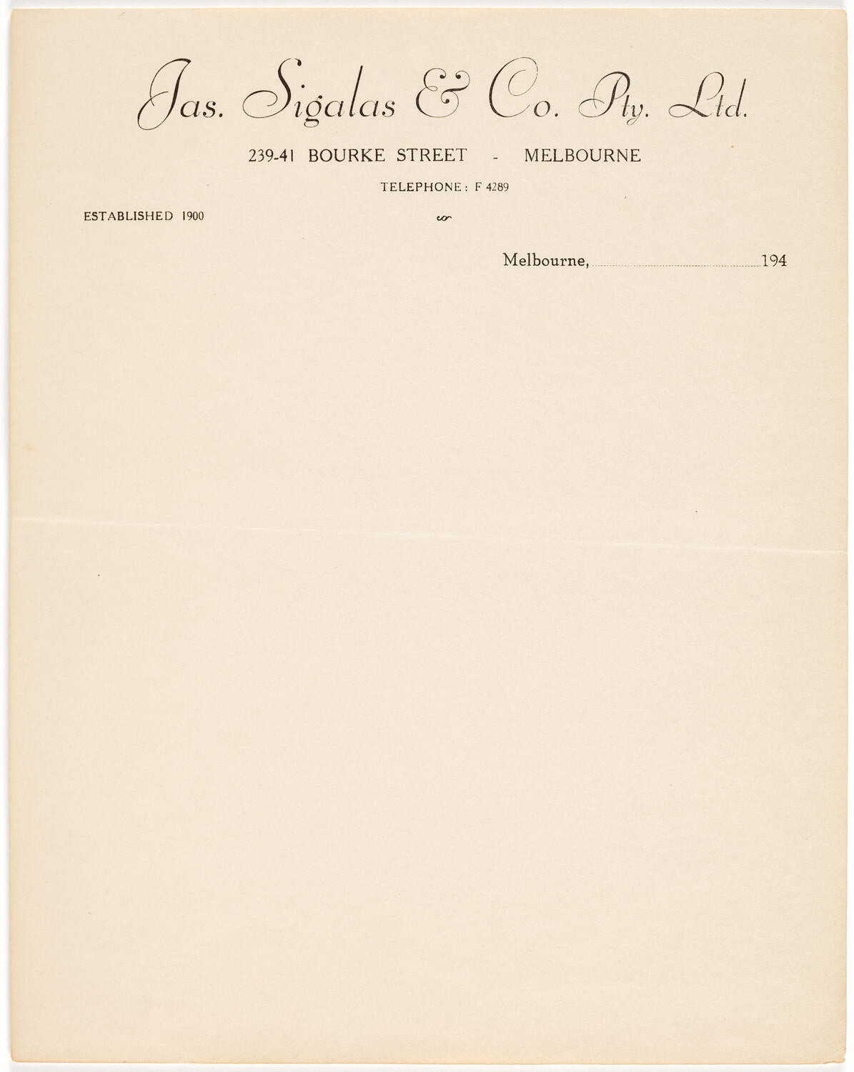 Letterhead - Jas. Sigalas & Co. Pty Ltd, Melbourne, 1940s