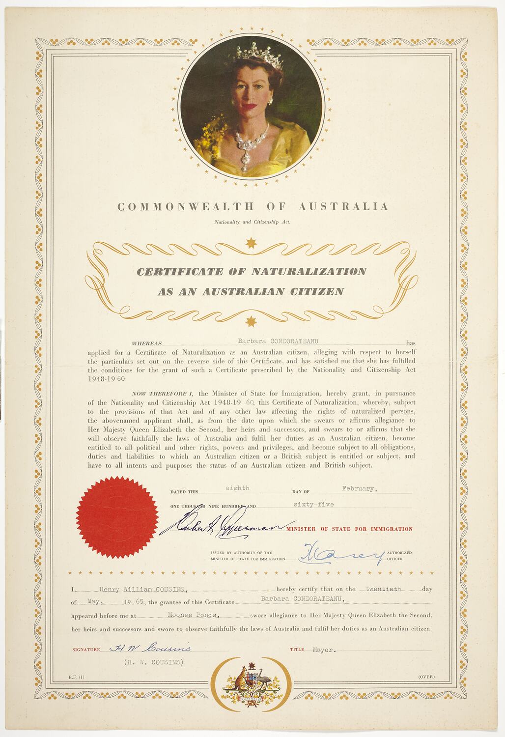 Naturalization Certificate Issued To Barbara Condurateanu 