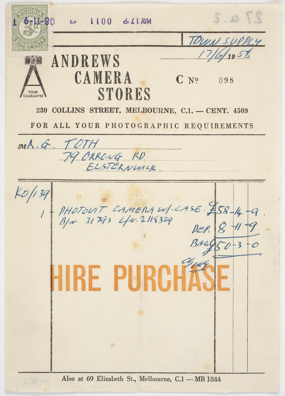 Receipt - Issued to G Toth, Andrews Camera Stores, 17 Jun 1958