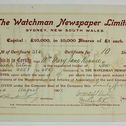 Scrip - Watchman Newspaper, Sydney, New South Wales, 1903