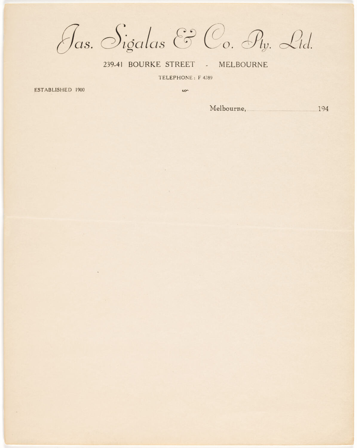 Letterhead - Jas. Sigalas & Co. Pty Ltd, Melbourne, 1940s