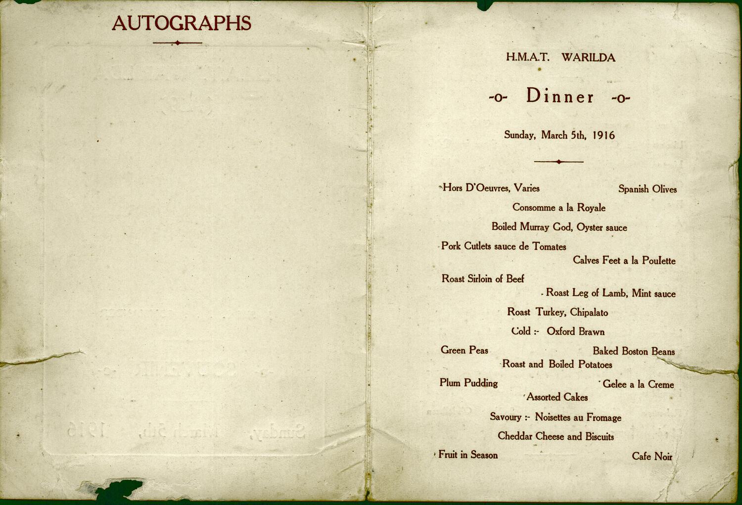 Menu - HMAT Warilda, Souvenir Menu, World War I, 5 Mar 1916