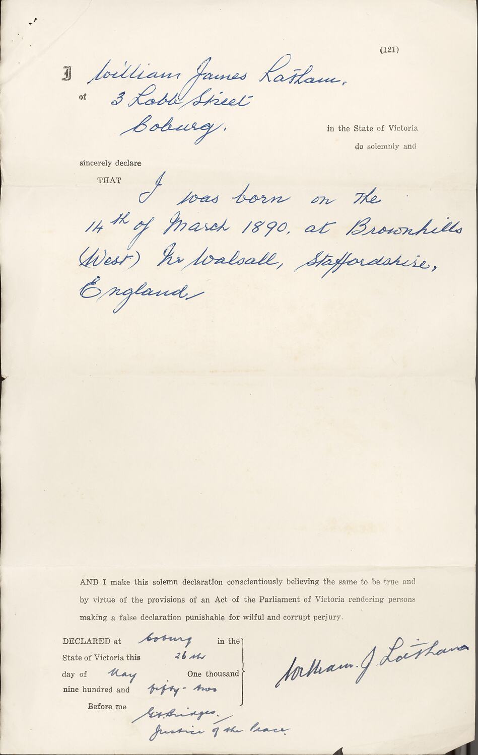 Statutory Declaration - William James Latham, Confirmation of Date ...