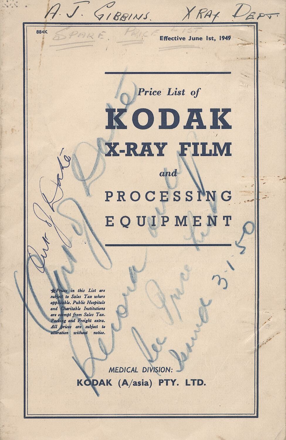 Price List - Kodak (Australasia) Pty Ltd, 'Kodak X-Ray Film ...