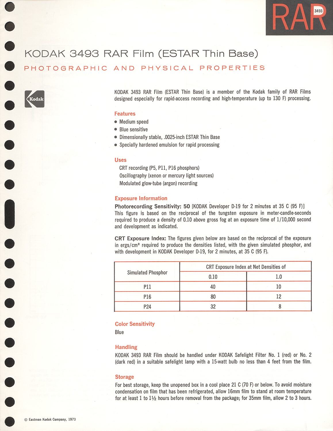 Data Sheet - Eastman Kodak, Kodak 3493 RAR Film, 1973